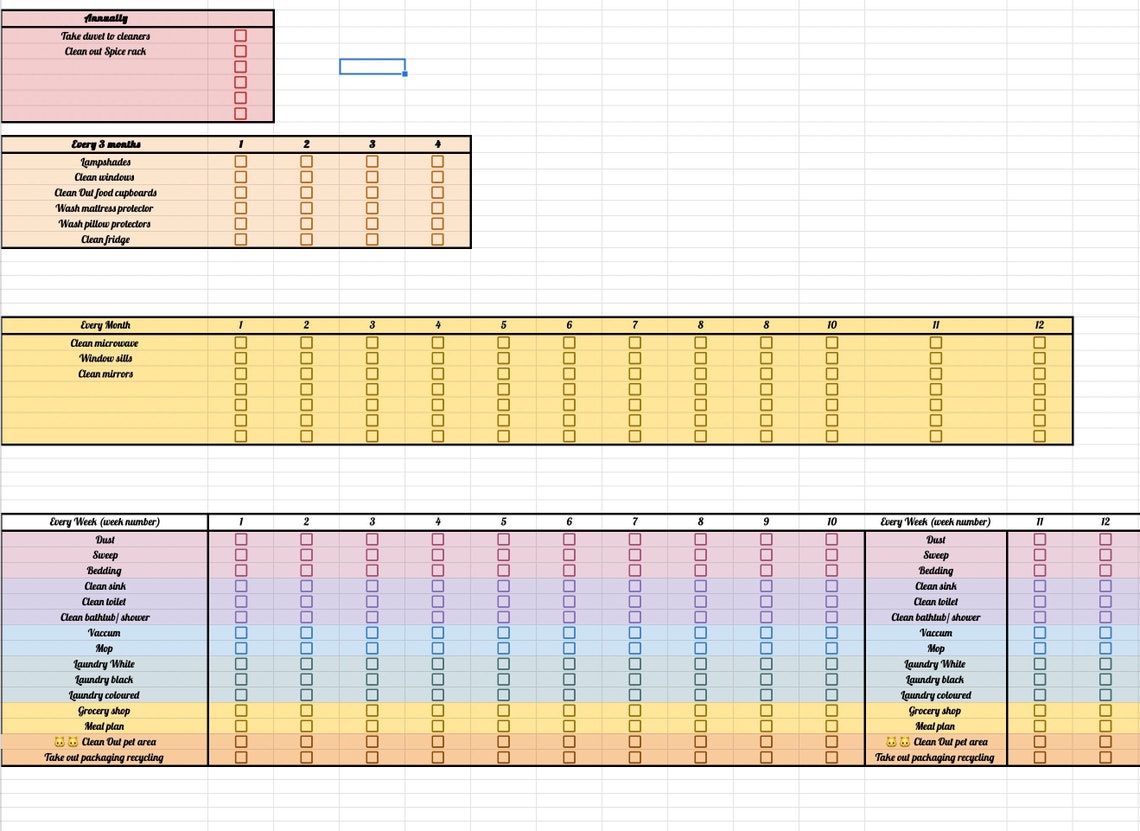 Cleaning Schedule Excel Sheet - Etsy