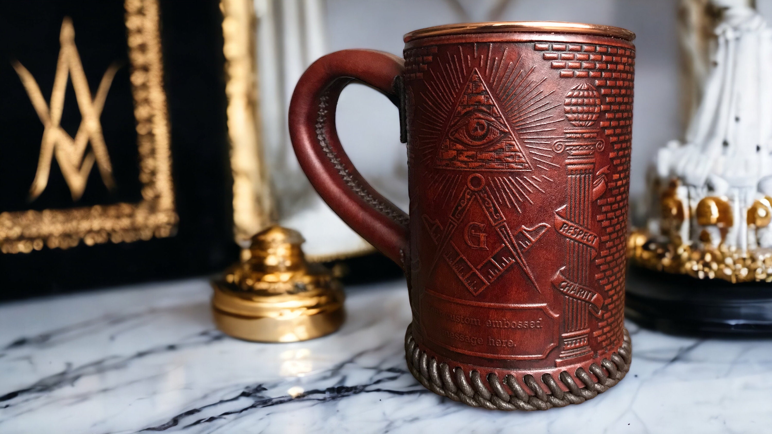 Custom Embossed Leather Tankard Stein Mug Hammered Copper Interior ...