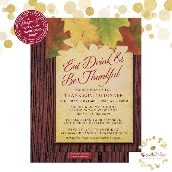 Autumn Leaves Thanksgiving Invitation, Editable Digital Printable ...