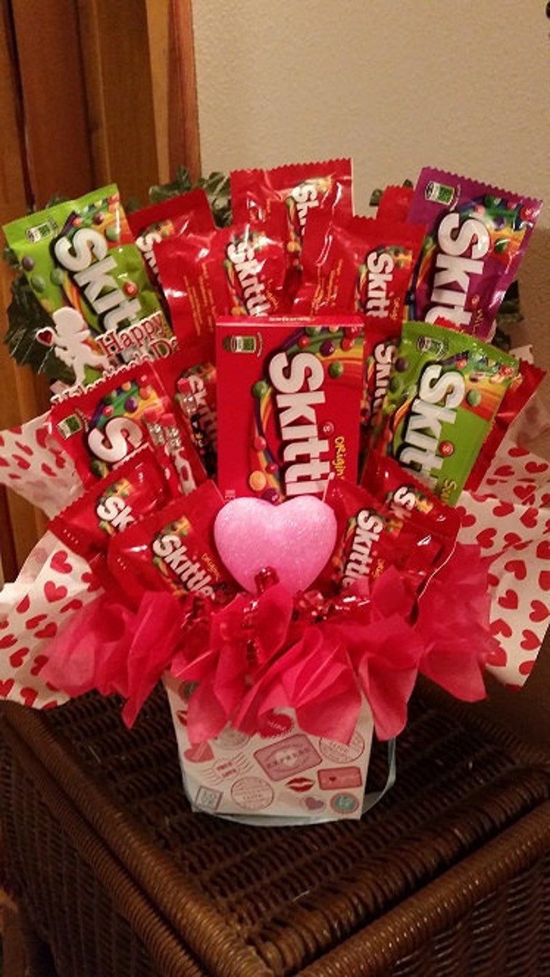 Happy Valentine's Candy Bouquet Rainbox Candy Arrangement Skittles ...