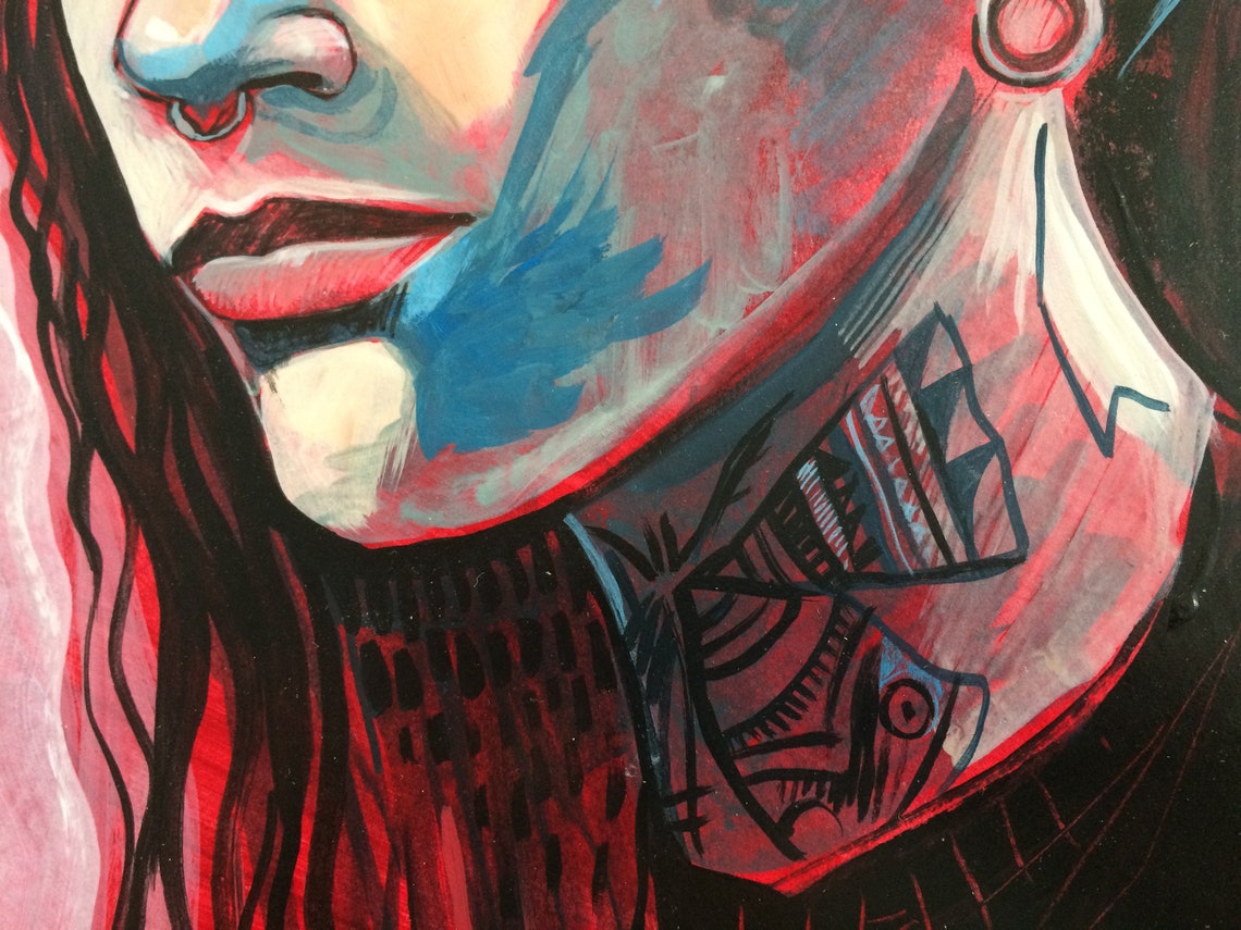 Red and Blue Portrait - Original Artwork on Wood Panel 12x16 Inches ...