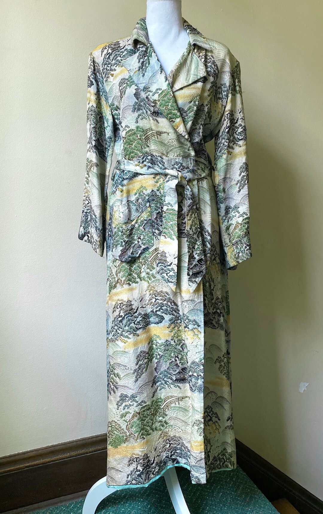 50s Green Brocade Landscape Trees Pagoda Scene Maxi Coat Robe Lined ...