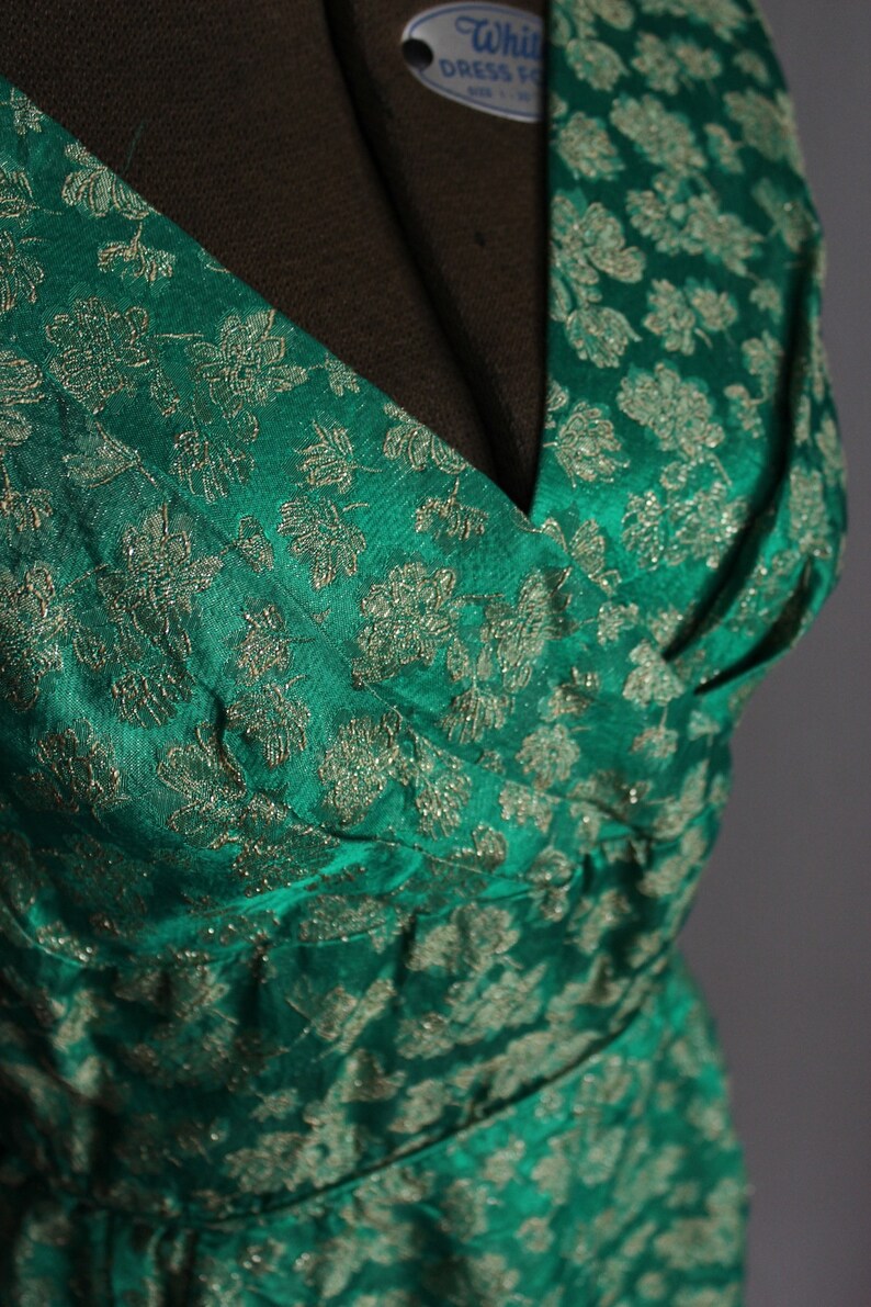 60s Green and Gold Brocade Tapestry Floral Sleeveless Wiggle Dress ...