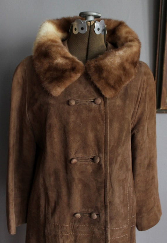 60s Mod Brown Suede Midi Coat with Real Honey Brown M… - Gem