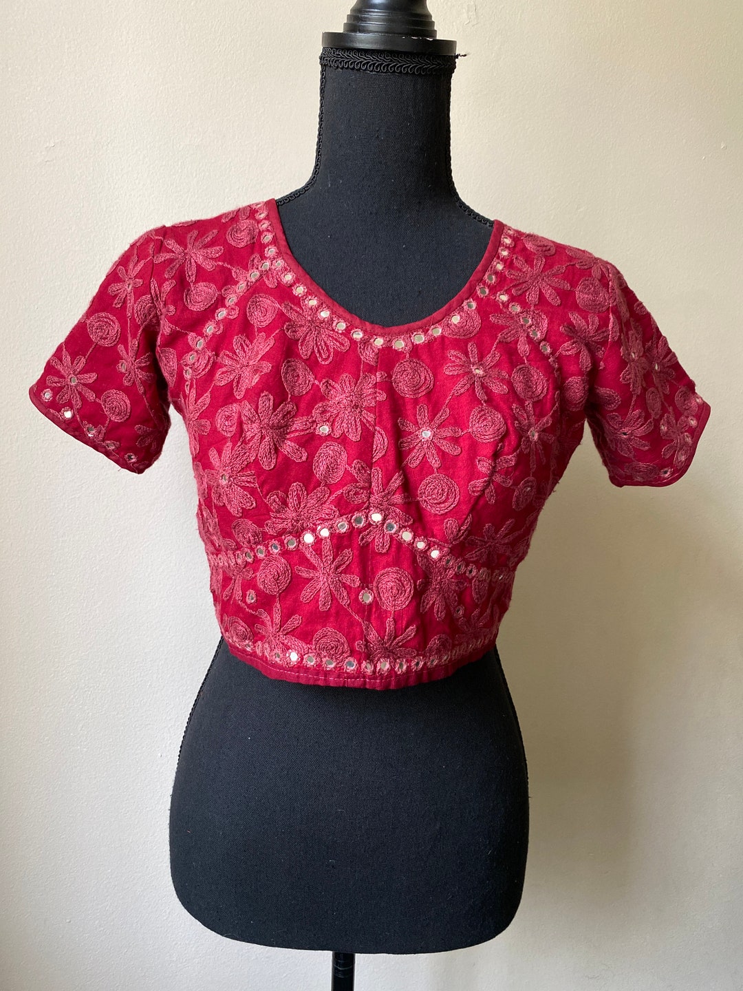 Vintage Mirror Work Maroon Raspberry Red Floral Embroidered Cotton ...