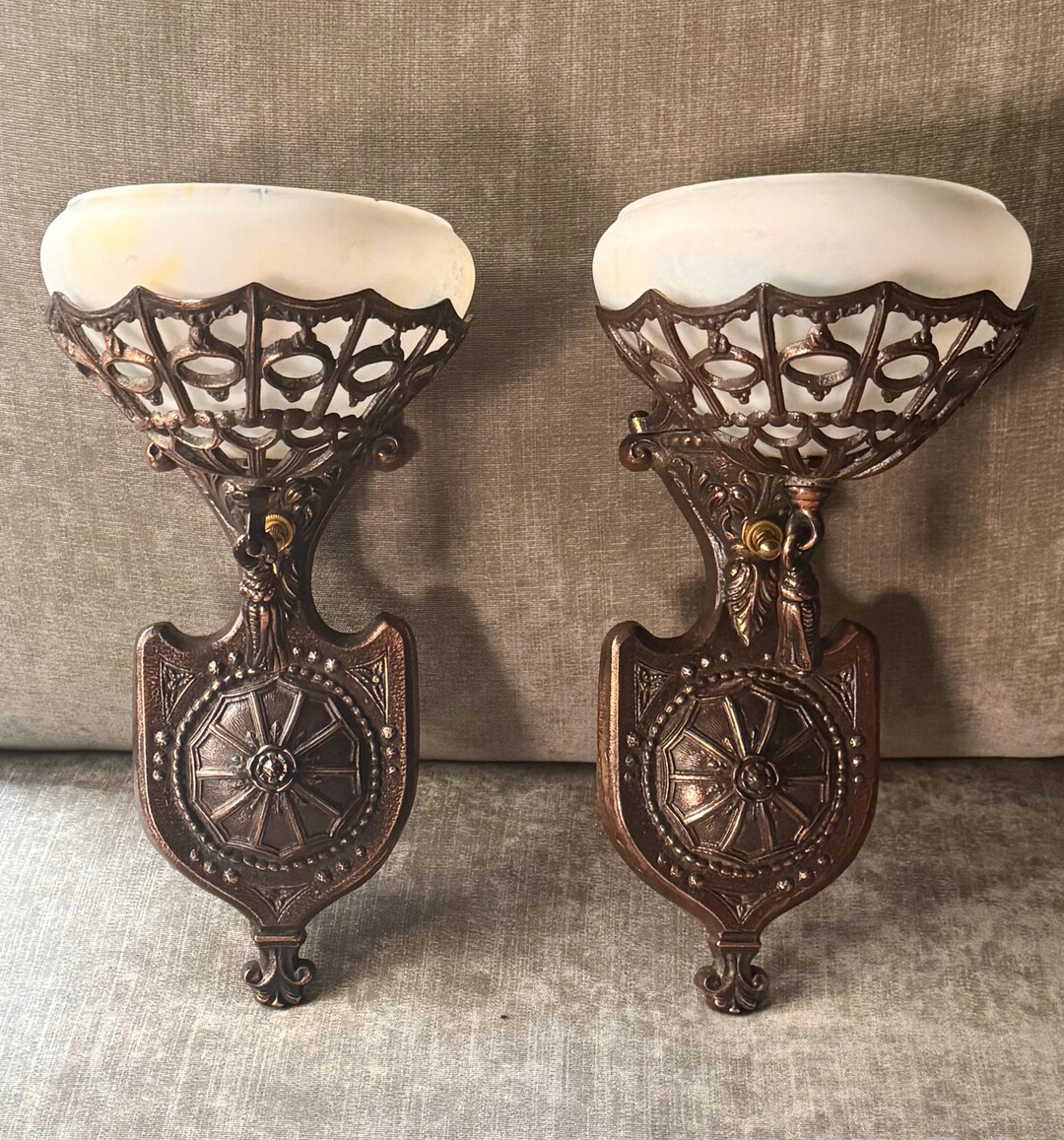 Art Deco Gill Glass Pair Frosted Shades Copper Antique Wall Light ...