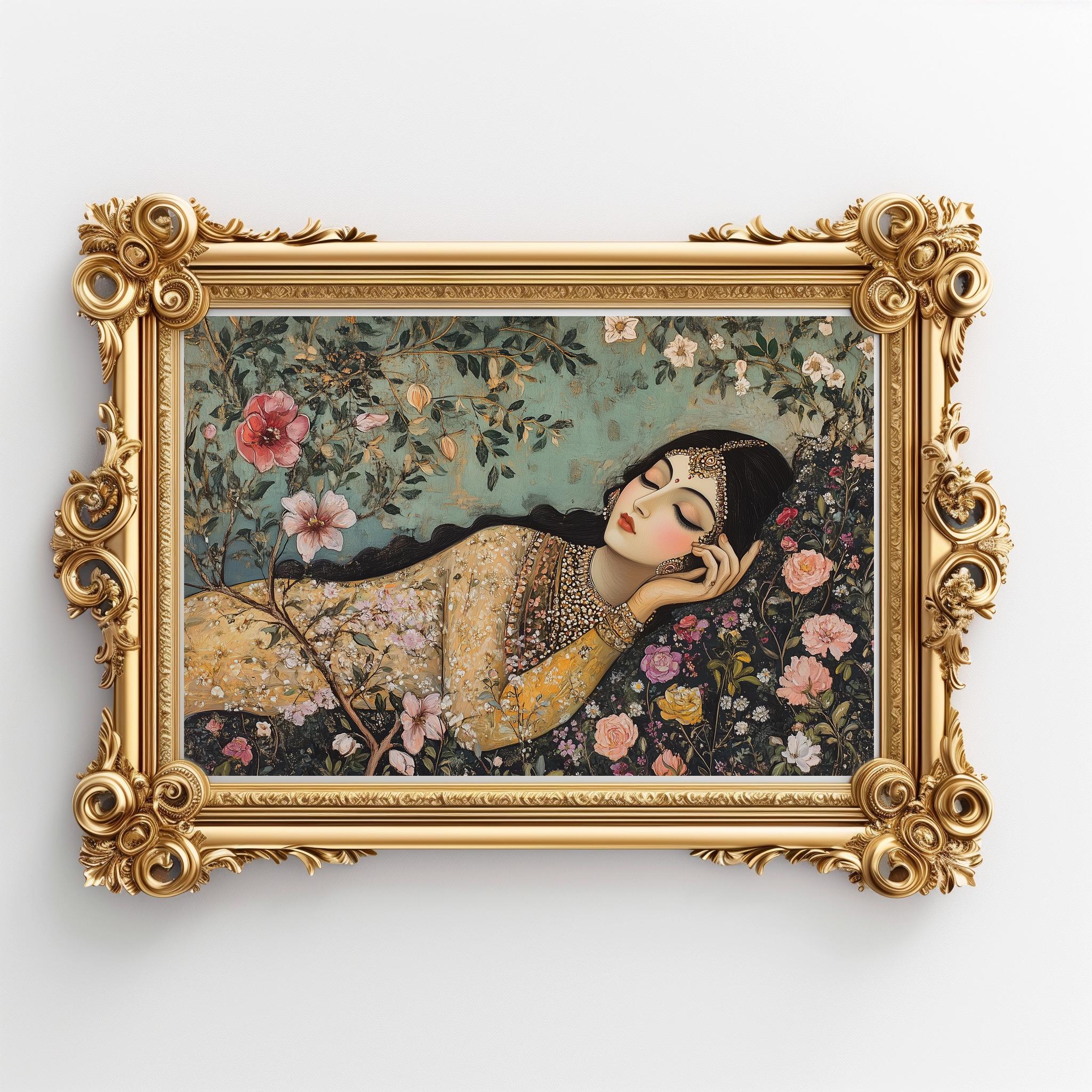 Sleeping Devi Mughal Painting: Indian Woman in Garden (digital Print ...