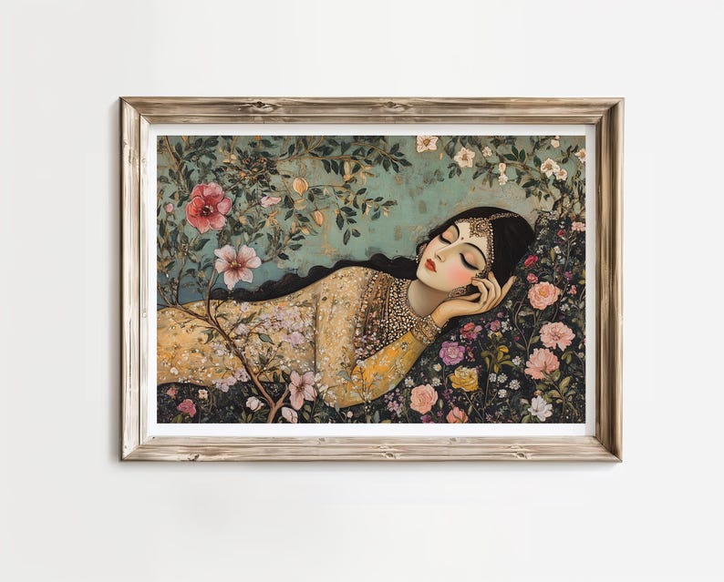 Sleeping Devi Mughal Painting: Indian Woman in Garden (digital Print ...