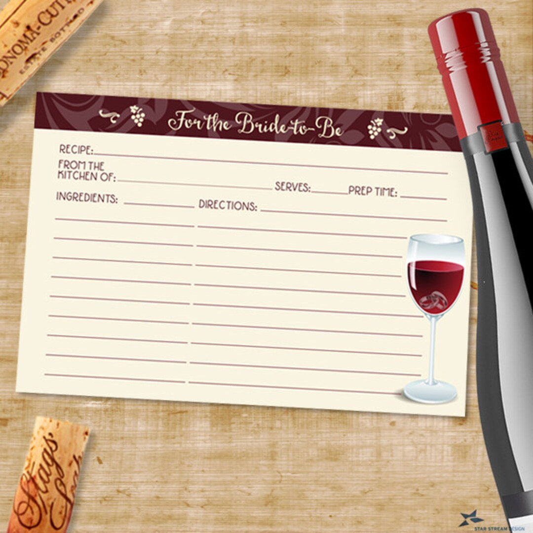 Printable Rings in Wine Glass Recipe Card, Bridal Wedding Shower, 6"x4 ...