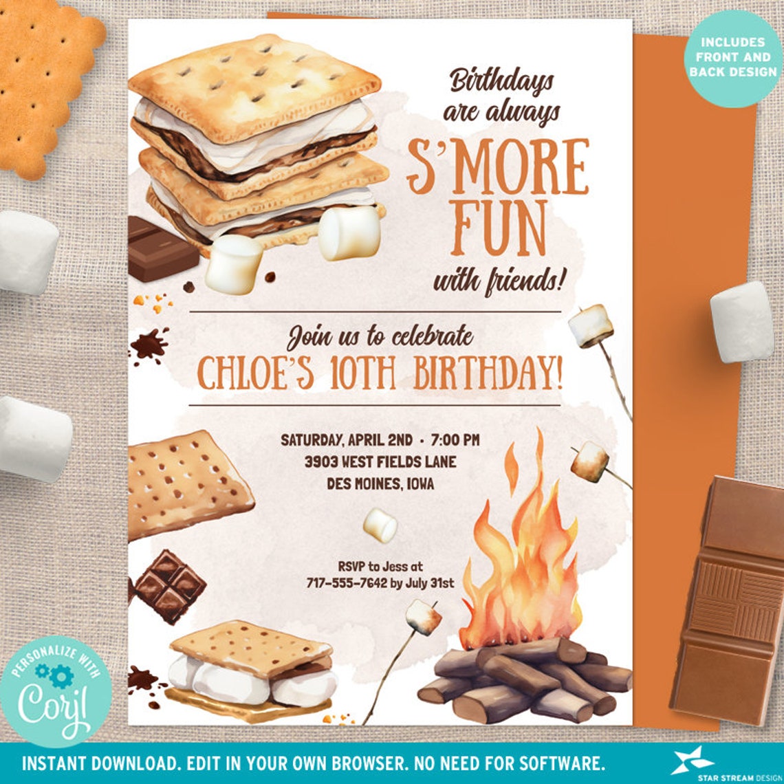S'mores Birthday Party Invitation | 2-sided, 5x7 | Editable Digital ...