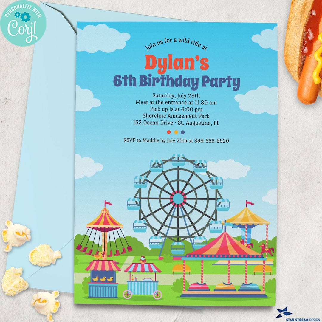 Amusement Park Birthday Invitation, Editable Funfair Theme, Digital ...