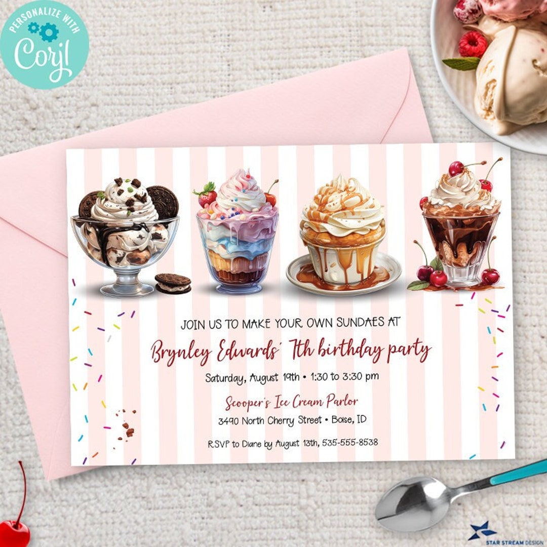 Four Make Your Own Ice Cream Sundaes Birthday Party Invitation | 2 ...