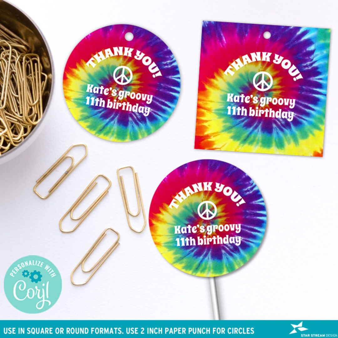 Groovy Tie Dye Hippie Thank You 2.5" Images for Stickers, Tags, Buttons ...