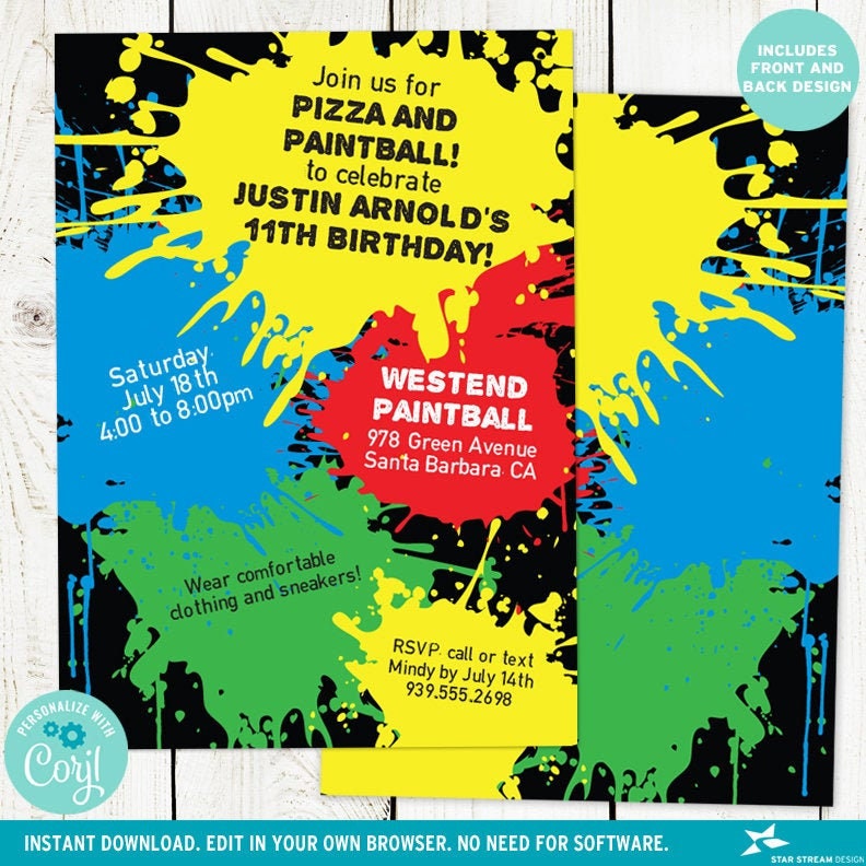 Grunge Splatter Paintball Birthday Party Invitation 5x7 Two | Etsy