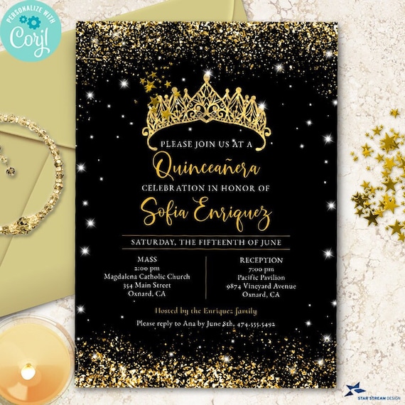 Gold Confetti Quinceanera Tiara Invitation | 2-sides, 5x7 | Editable ...