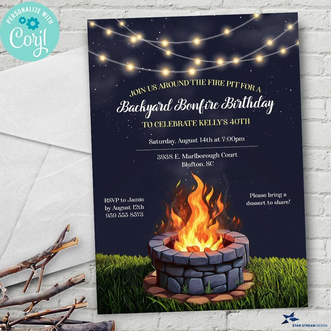 Backyard Fire Pit Bonfire Cookout, Birthday Party, BBQ Invitation | 5x7 ...