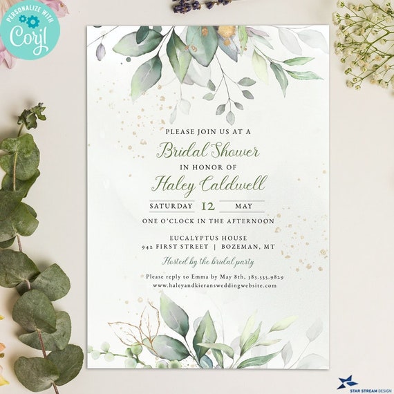 Eucalyptus Foliage and Gold Splatter Bridal Shower Invitation | 2-sided ...