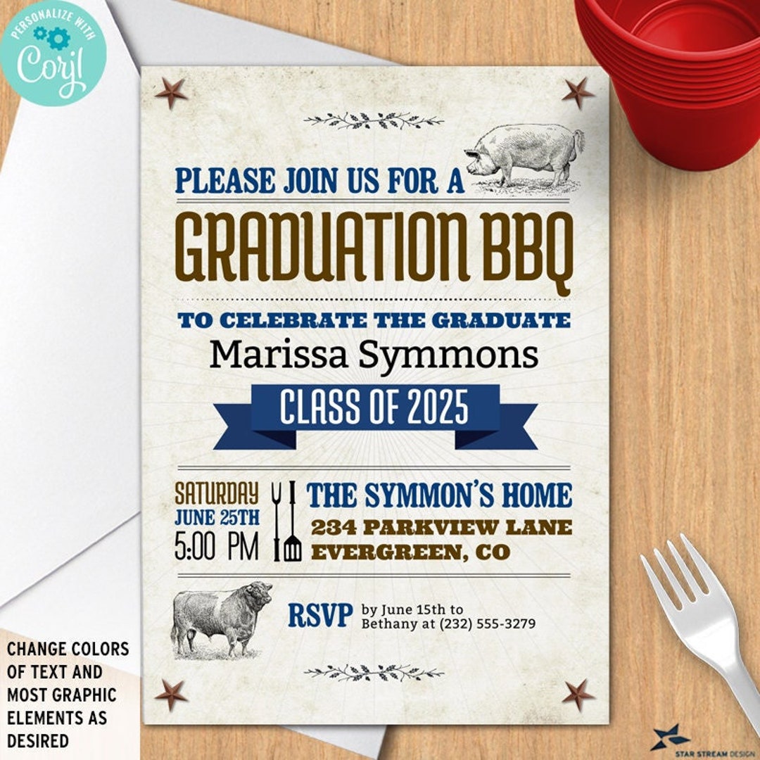 Rustic BBQ Graduation Party Invitation: Editable Printable Template - Etsy