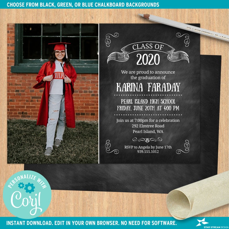 Chalkboard Graduation Announcement, Class of 2026 Grad Photo Card ...