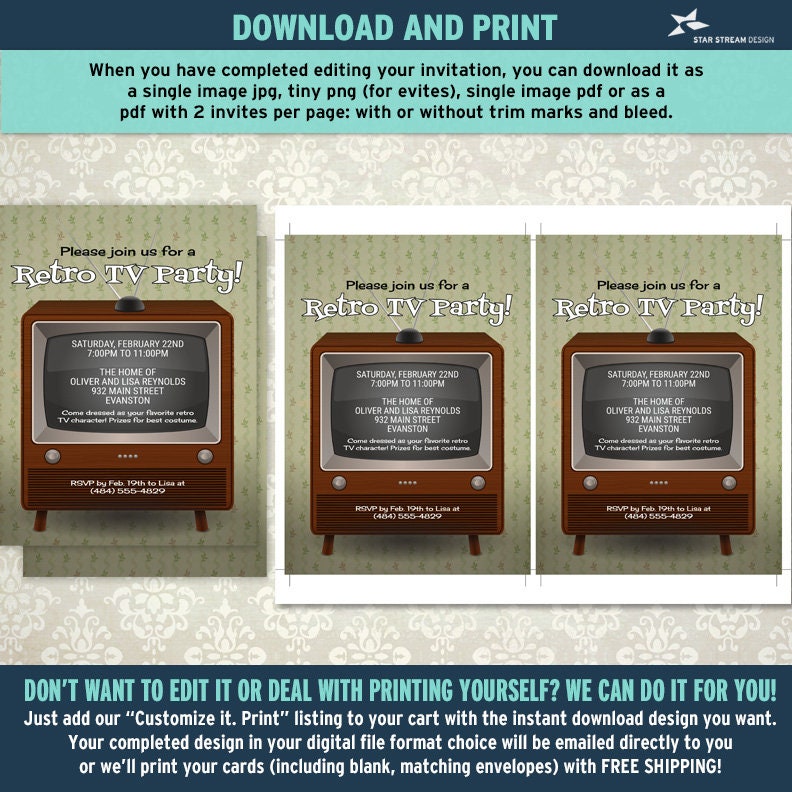 Retro TV Party Invitation 5x7 2-sided Editable Digital | Etsy