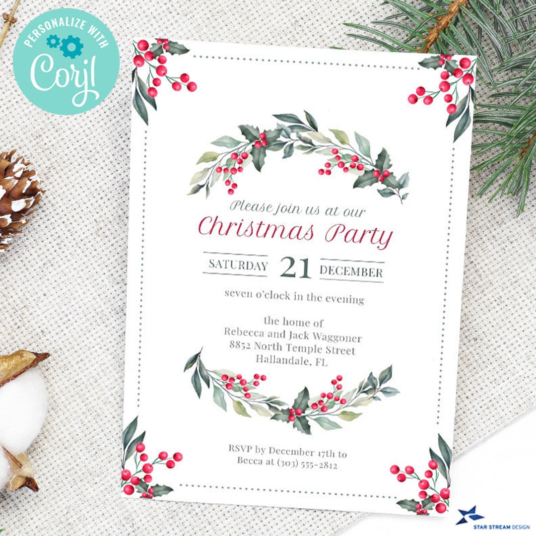Mistletoe and Holly Christmas Holiday Party Invitation | 2-sided, 5x7 ...