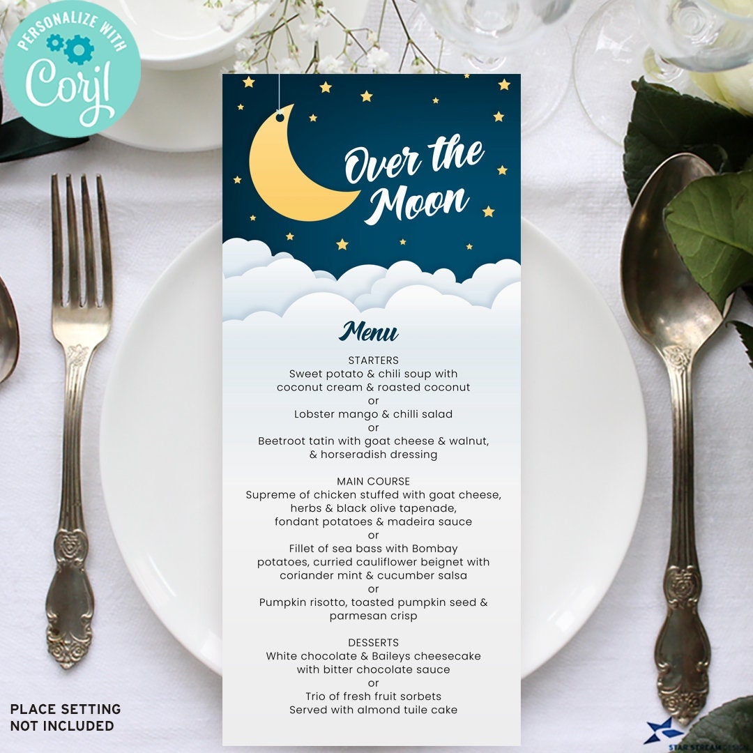 Over the Moon Special Occasion Menu Card 4x9, 2-sided Digital Printable ...