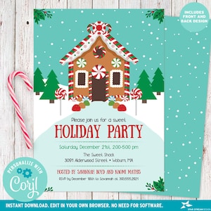 Gingerbread House Holiday Christmas Party Invitation 2-sided, 5x7 ...