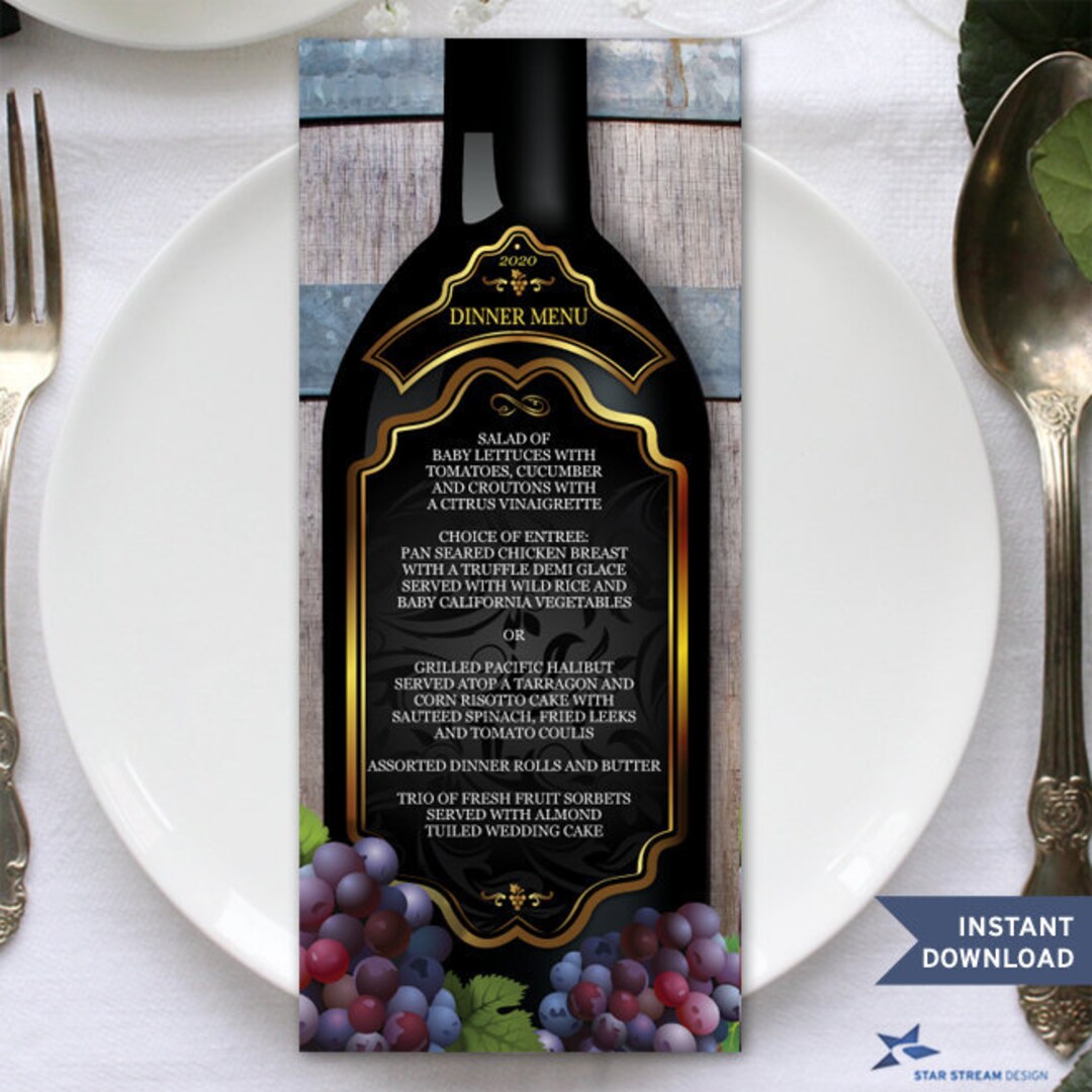 Rustic Wine Bottle Menu Template: Vineyard Wedding, Editable PDF ...