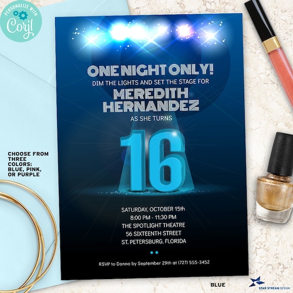 Sweet 16 Spotlight Star Party Invitation | 3 color options | 2-sided ...