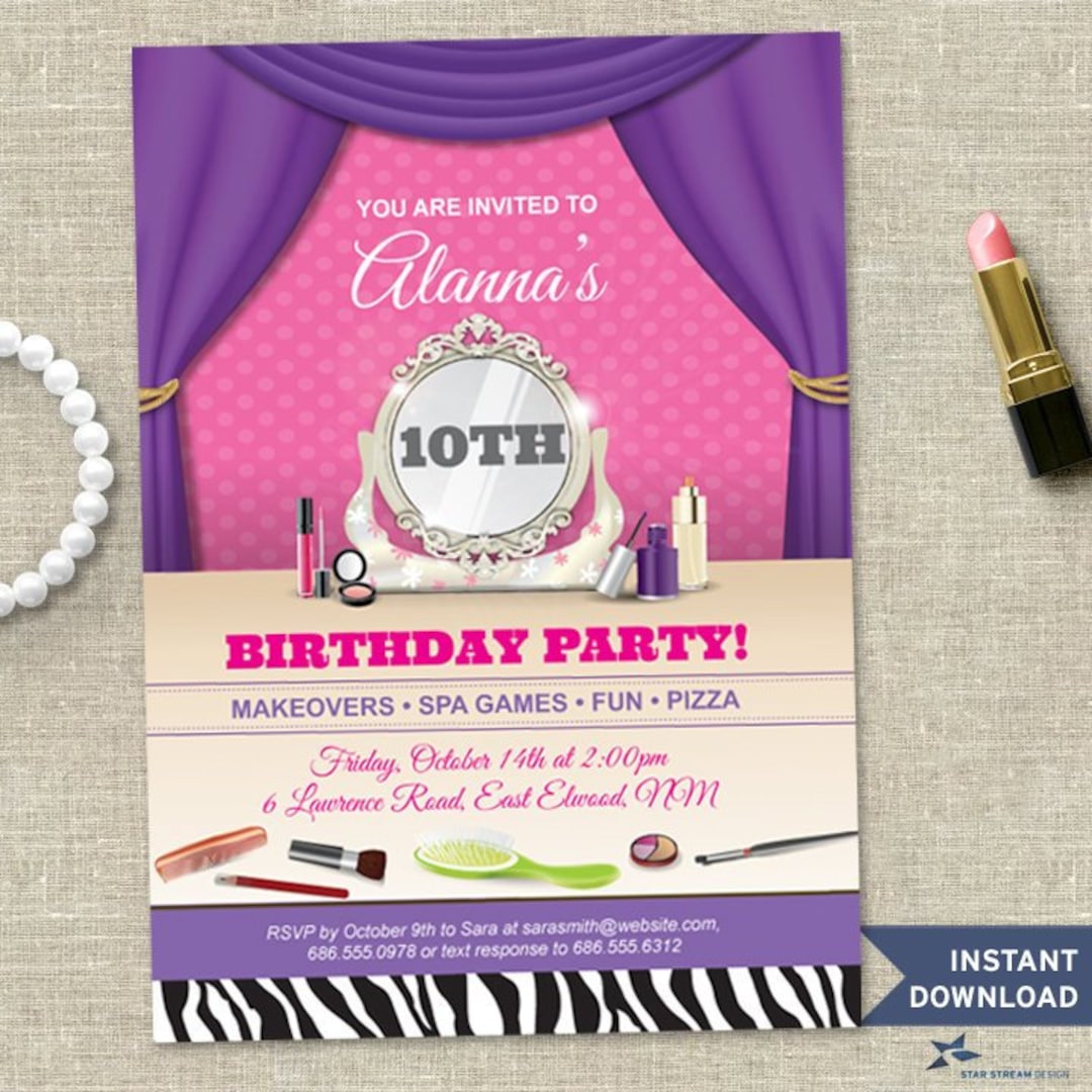 Makeover Spa Tween Birthday Party Invitation Printable Template, 5"x7 ...