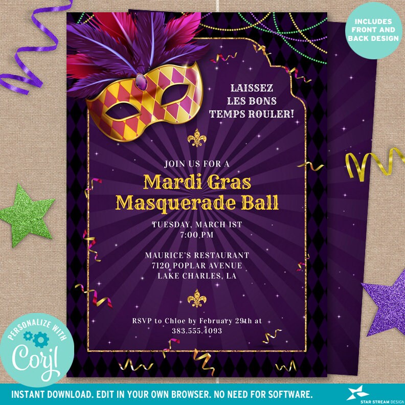 Masquerade Invitations Fat Tuesday Printable Mardi Gras Celebration ...