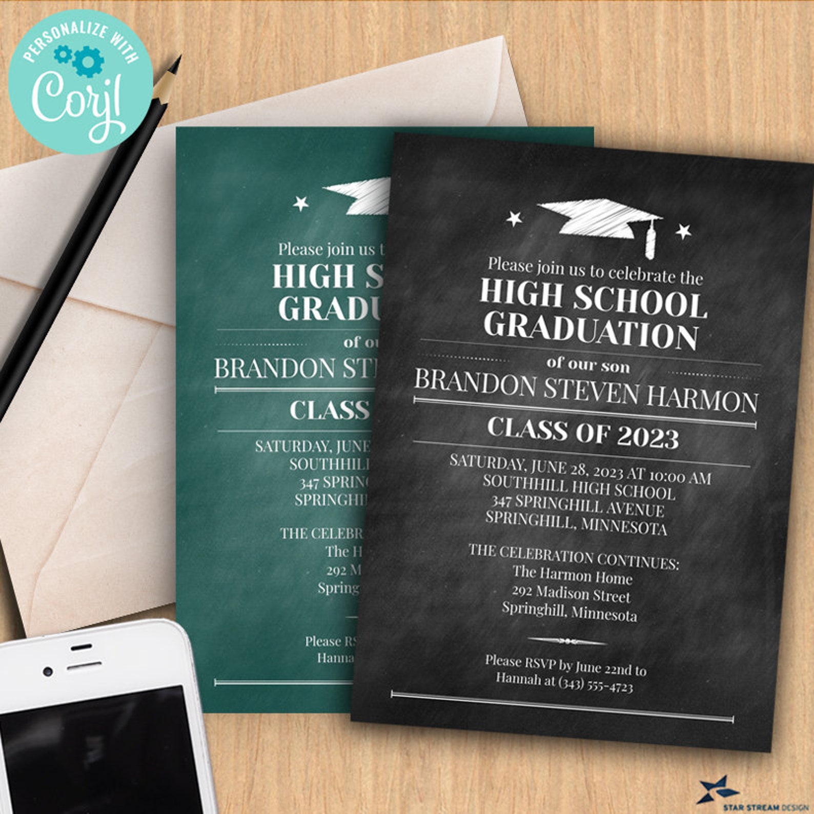 Chalkboard Graduation Party Invitation: Editable Template (5x7, 2-sided ...
