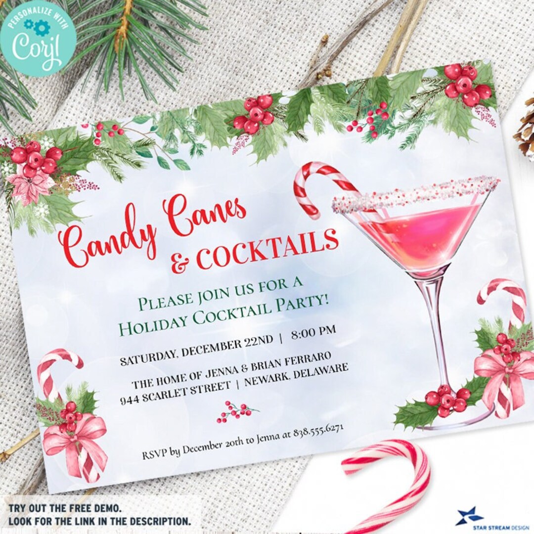 Candy Canes and Cocktails Christmas Holiday Party Invitation 2-sided ...