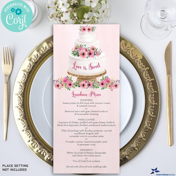 Pink Watercolor Wedding Cake Special Occasion Menu Card | 4"x9", 2 ...