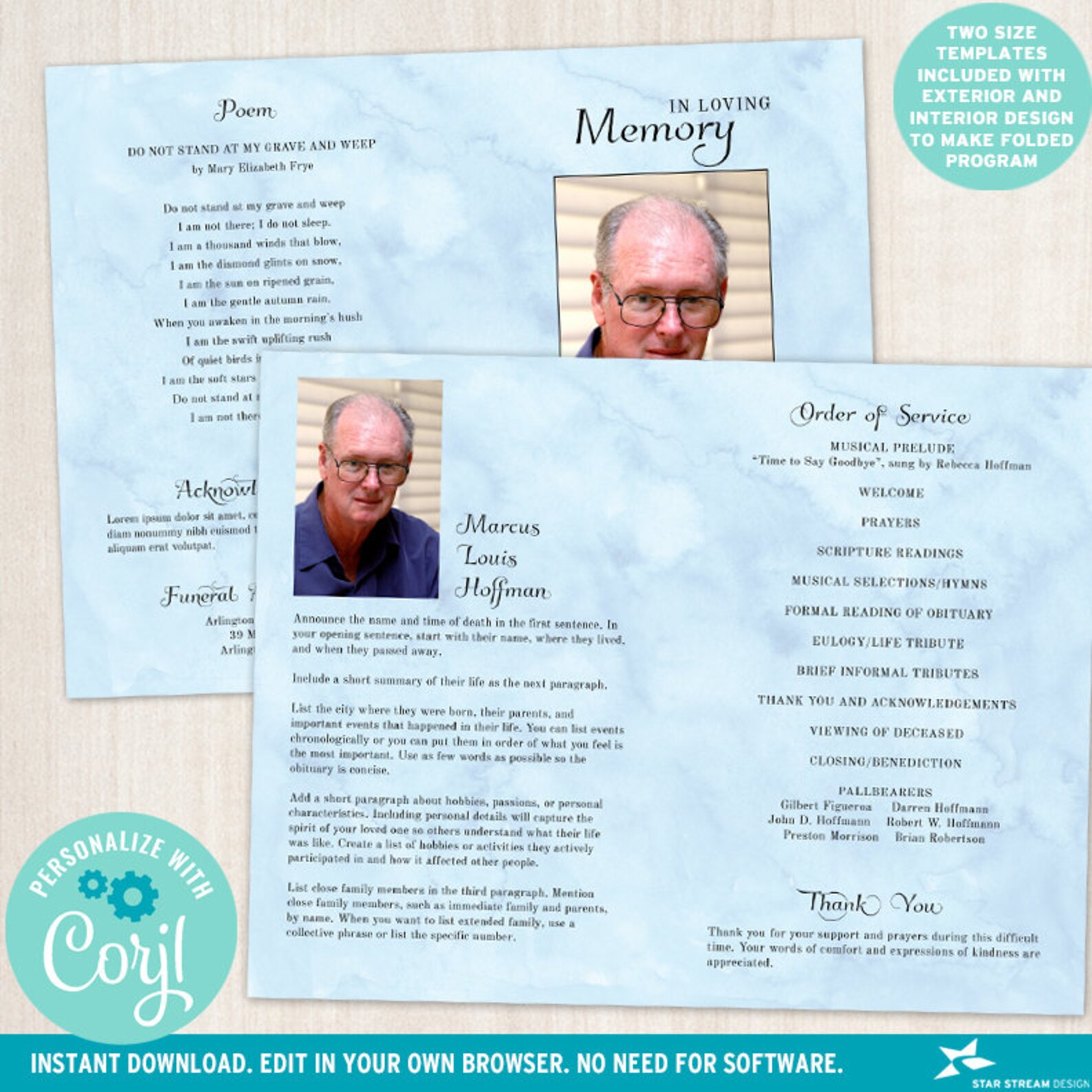 Blue Watercolor Wash Funeral Program Choose From Two Sizes | Etsy