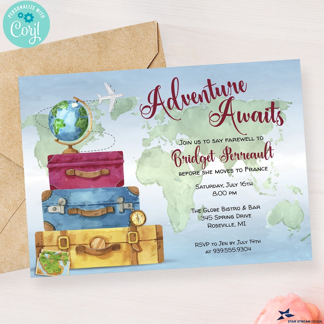 Adventure Awaits Stacked Suitcases Going Away Farewell Party Invitation ...