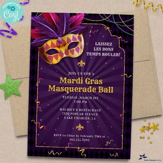 Mardi Gras Masquerade, Fat Tuesday Party Invitation | 2-sided, 5x7 ...