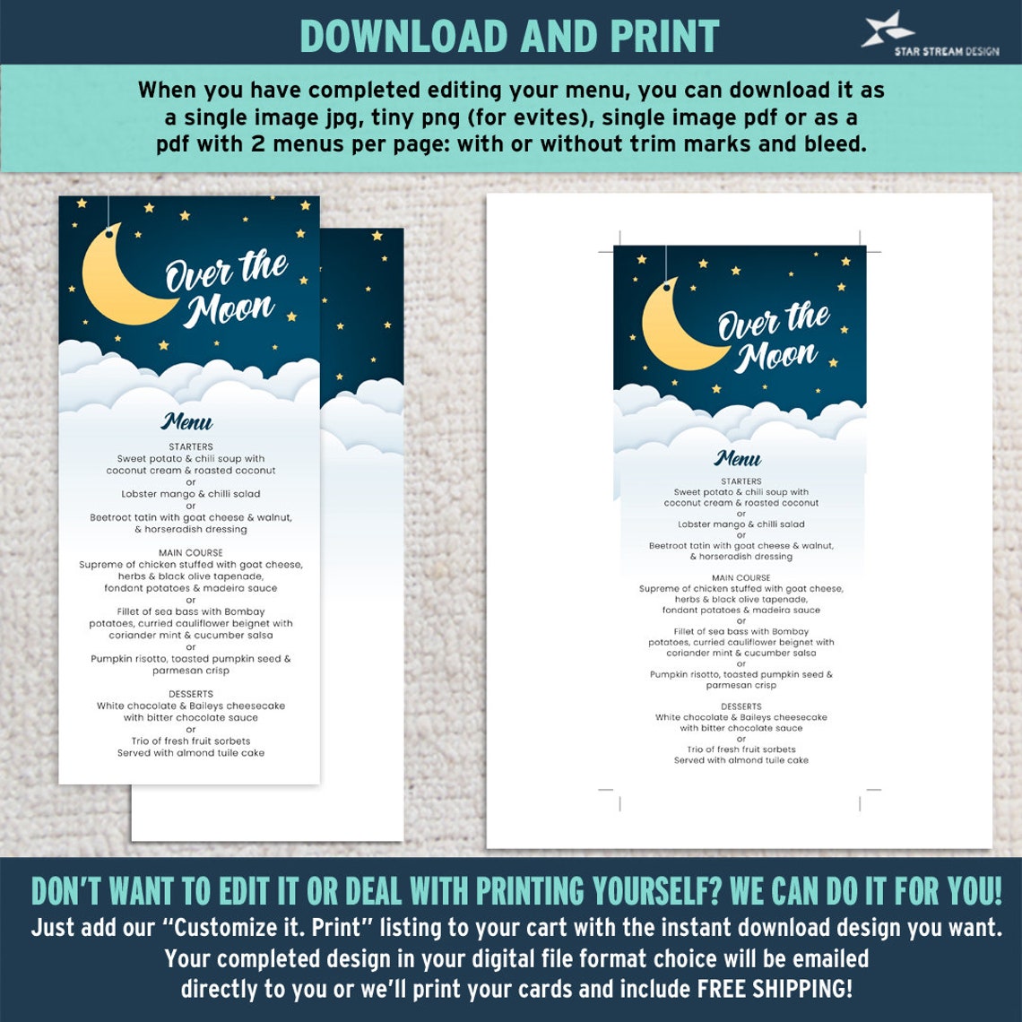 Over the Moon Special Occasion Menu Card 4x9 - Etsy