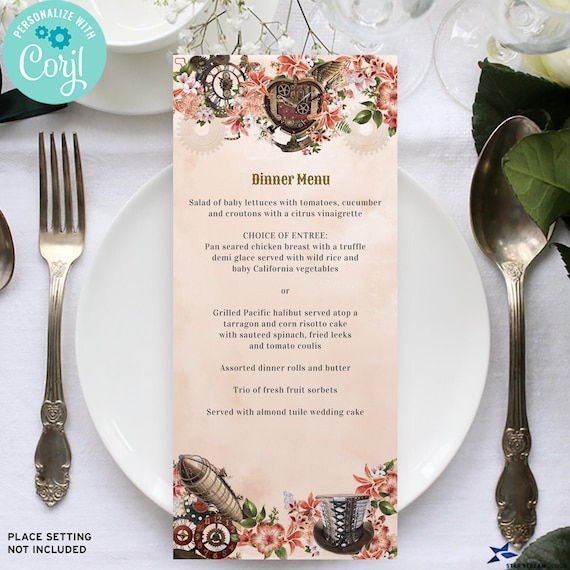 Floral Steampunk Special Occasion Menu Card | 4"x9", 2-sided | Digital ...