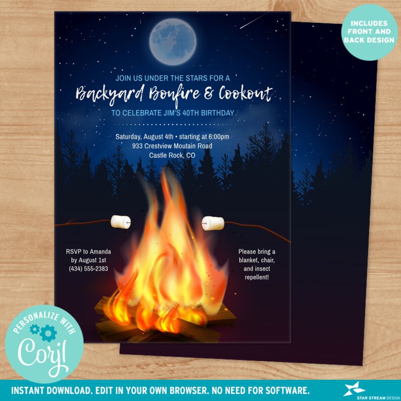 Backyard Bonfire Cookout, Birthday Party, BBQ, S'mores Invitation | 5x7 ...