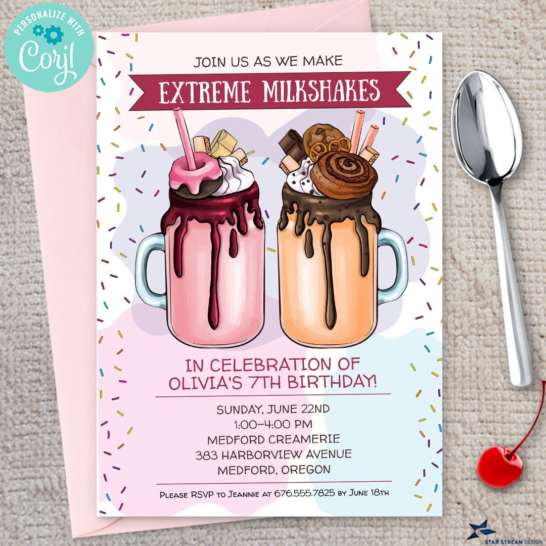 Extreme Milkshakes Birthday Party Invitation | 2-sided, 5x7 | Editable ...