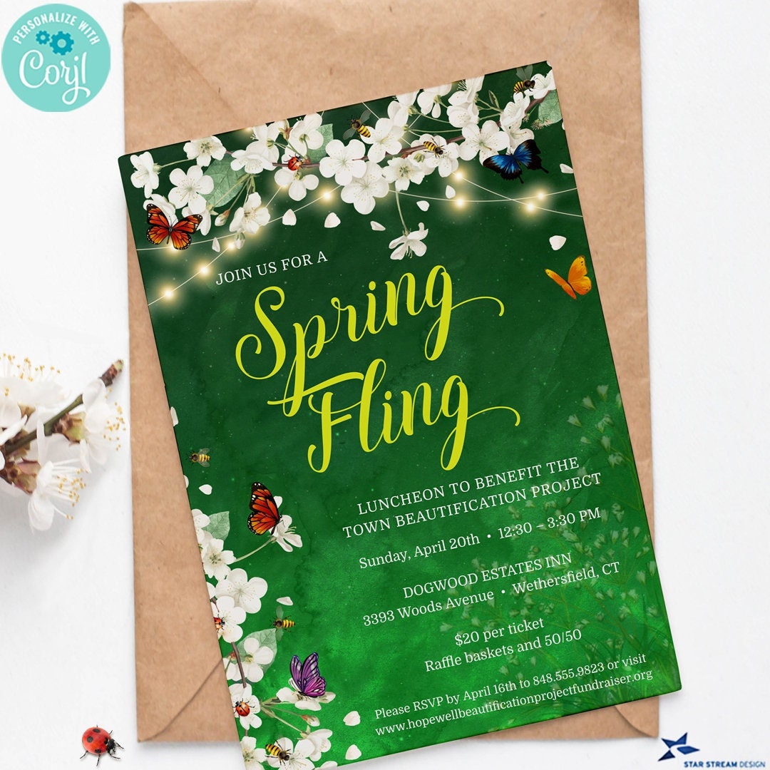 Spring Fling Garden Party Celebration Invitation 2-sided, 5x7 Editable ...