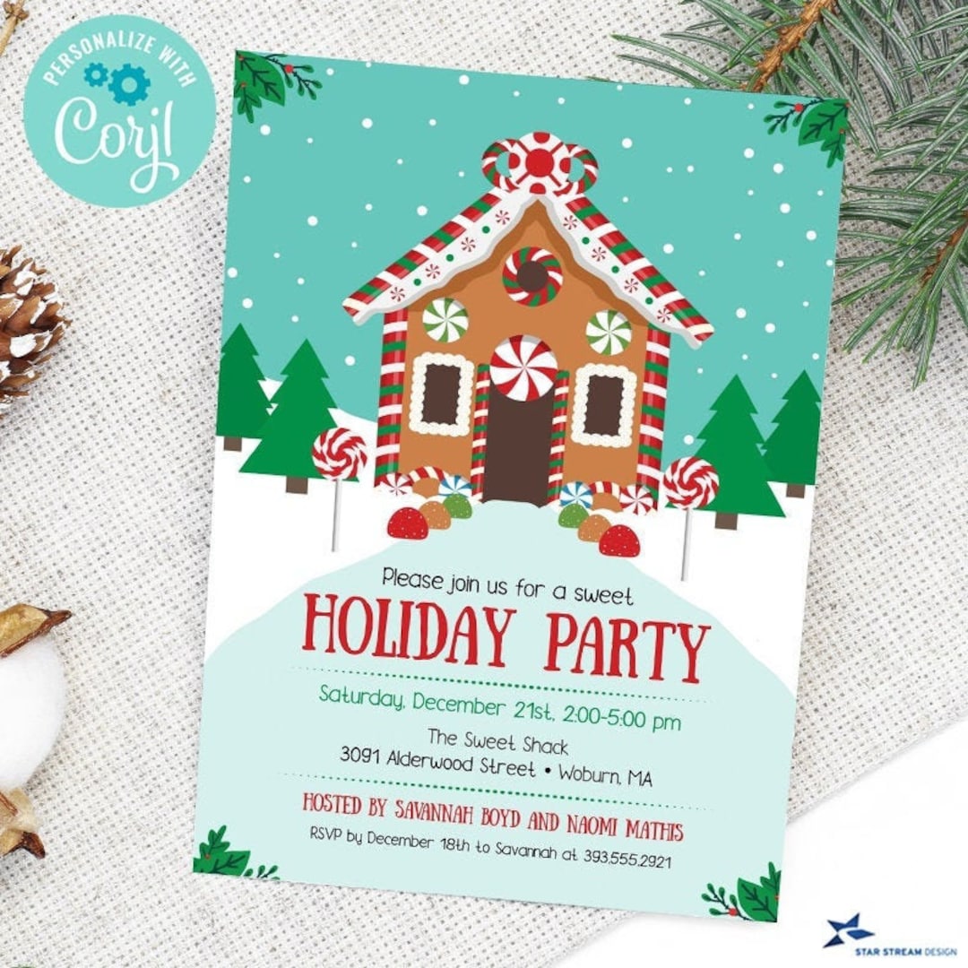 Gingerbread House Holiday Christmas Party Invitation 2-sided, 5x7 ...