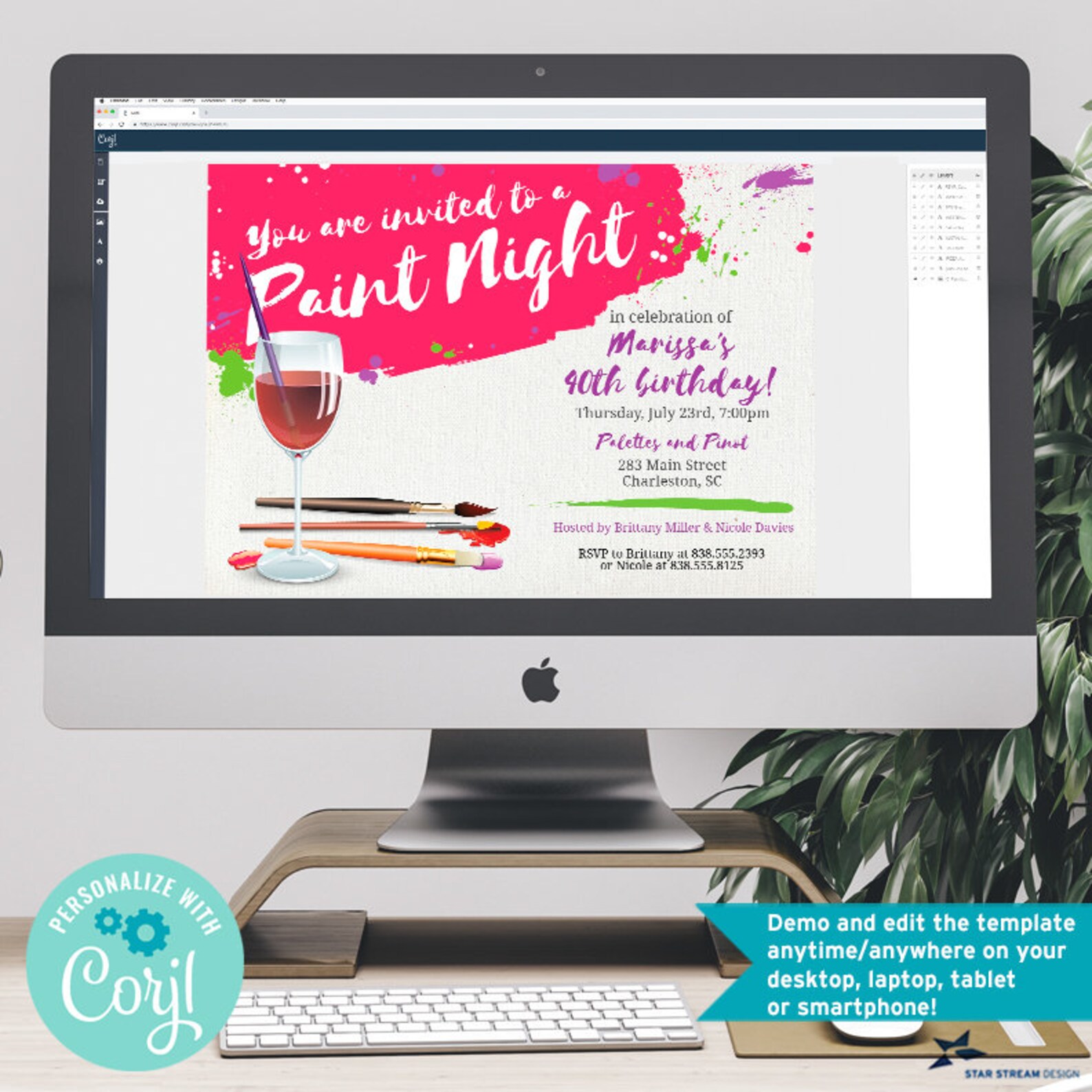 Paint Night, Paint and Sip Wine Glass Canvas Party Invitation | 2-sided ...