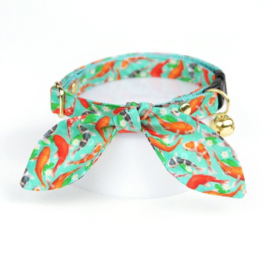Fish Cat Collar and Bunny Ear Bow Set - "koi Pond" - Goldfish Green Cat ...