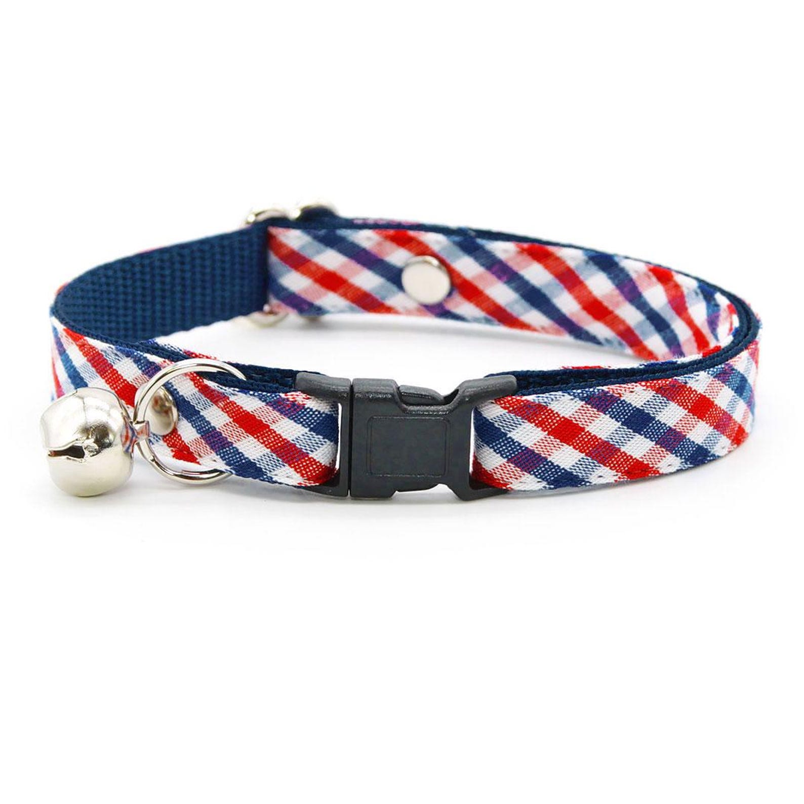 Patriotic Cat Collar - "heritage" - Gingham Plaid Red White & Blue Cat ...