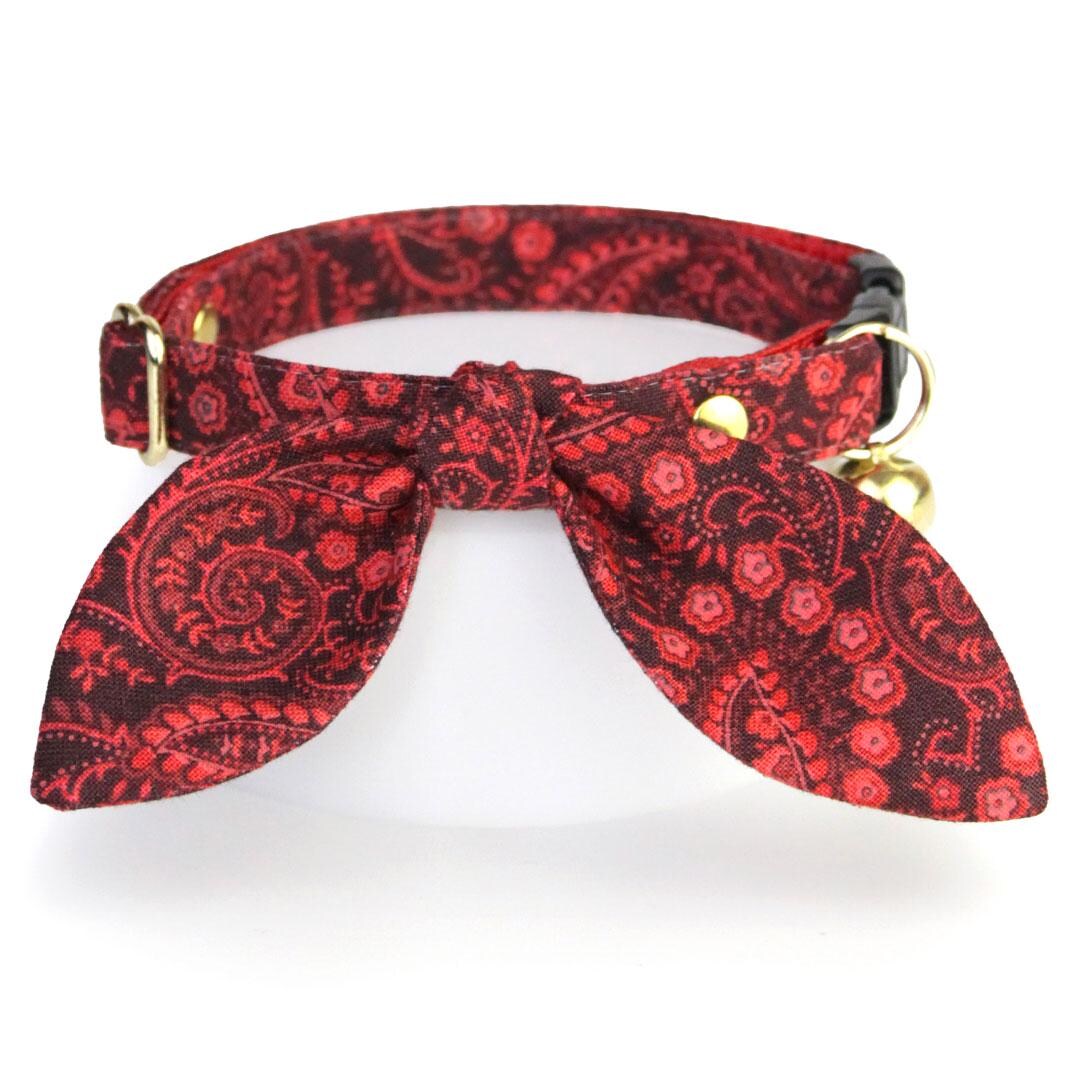 Paisley Cat Collar & Bunny Ear Bow Set - "tapestry" - Fall Burgundy Cat ...