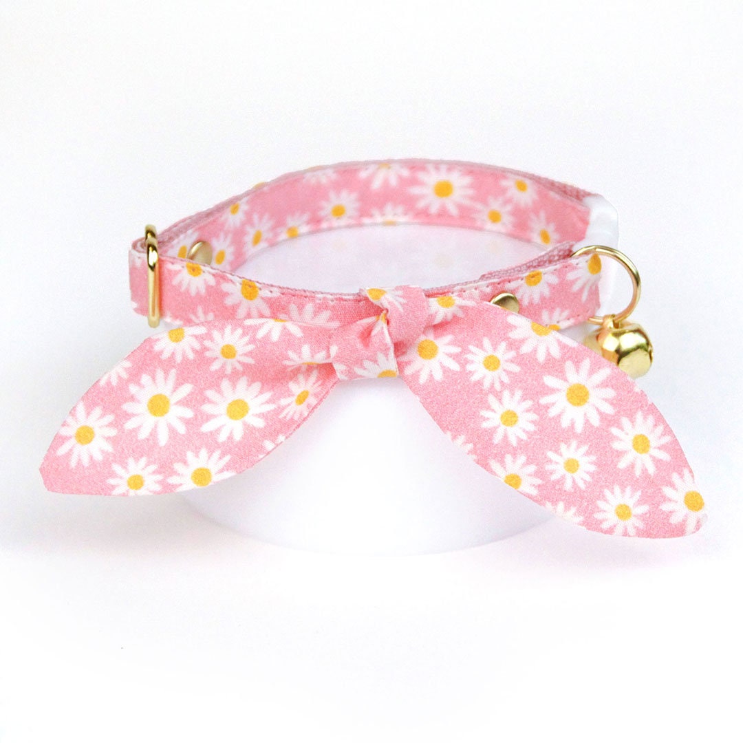 Daisy Cat Collar and Bunny Ear Bow Set - "daisies - Pink" - Floral Pink ...