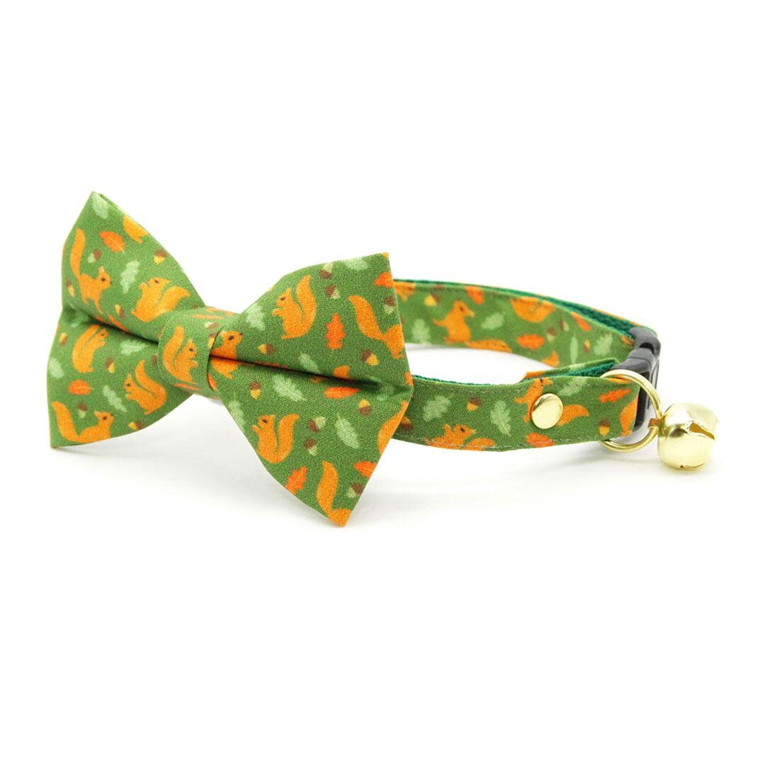 Bow Tie Cat Collar Set - "squirrel Bounty" - Acorn Green Cat Collar W ...