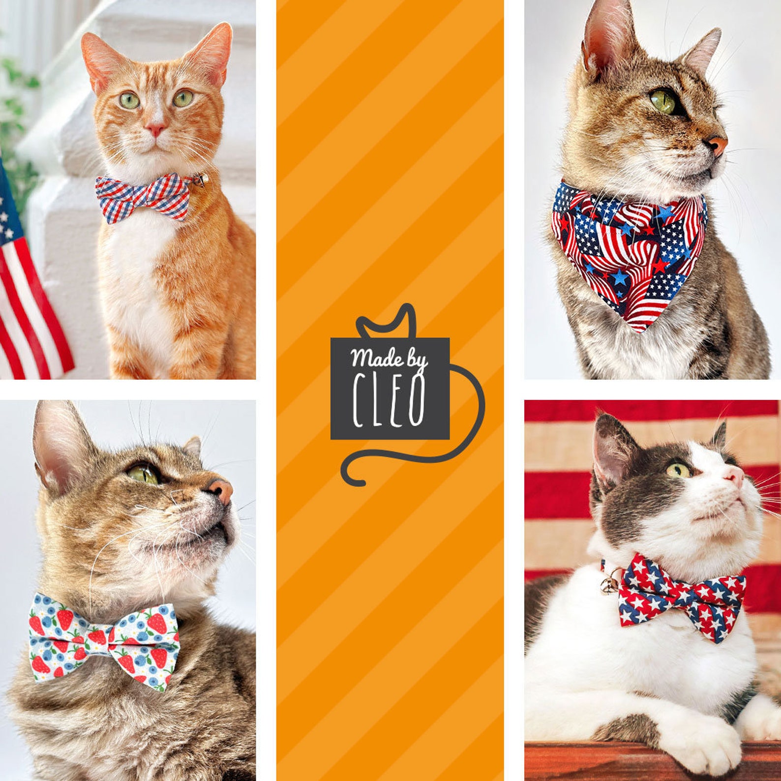 Patriotic Cat Collar - "heritage" - Gingham Plaid Red White & Blue Cat ...
